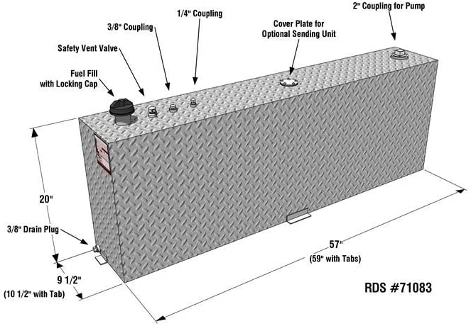 RDS 71083 57"x9.5"x20" Rectangular Fuel Tank - 45 Gallon