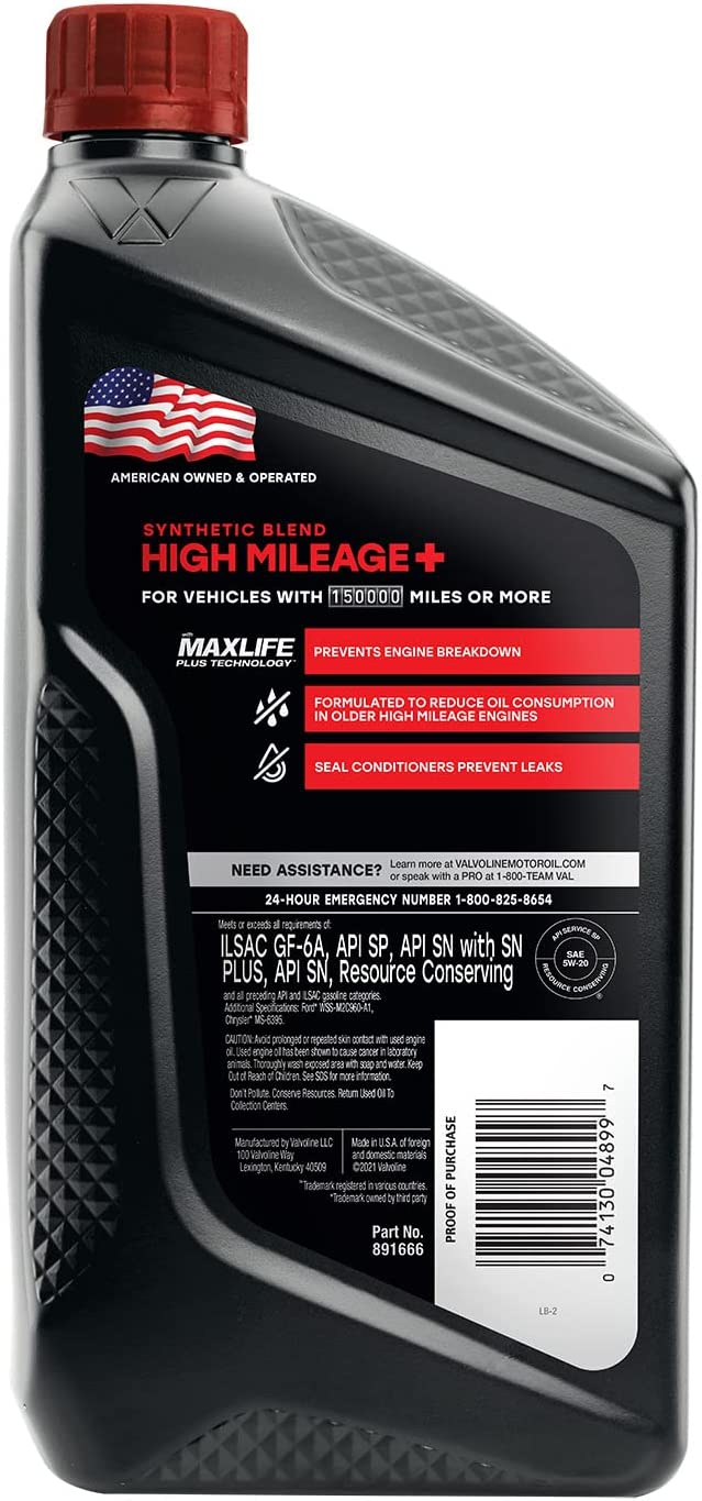Valvoline High Mileage 150K + Maxlife Plus 5W-20 Motor Oil | 1 QT